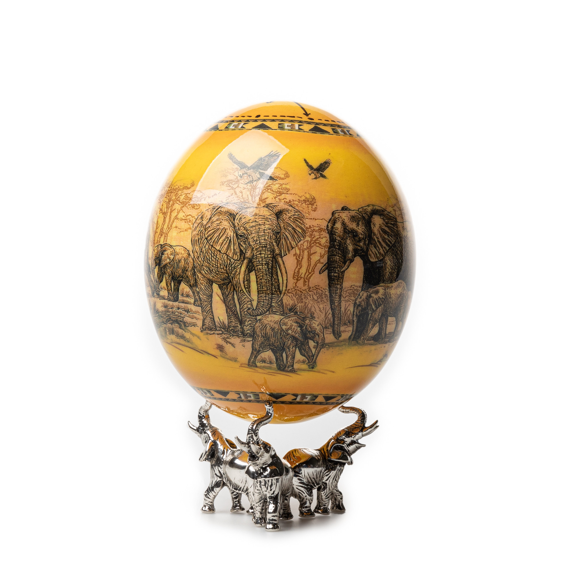 Greggio Ostrich Egg with Silver Base - Elephant Herd