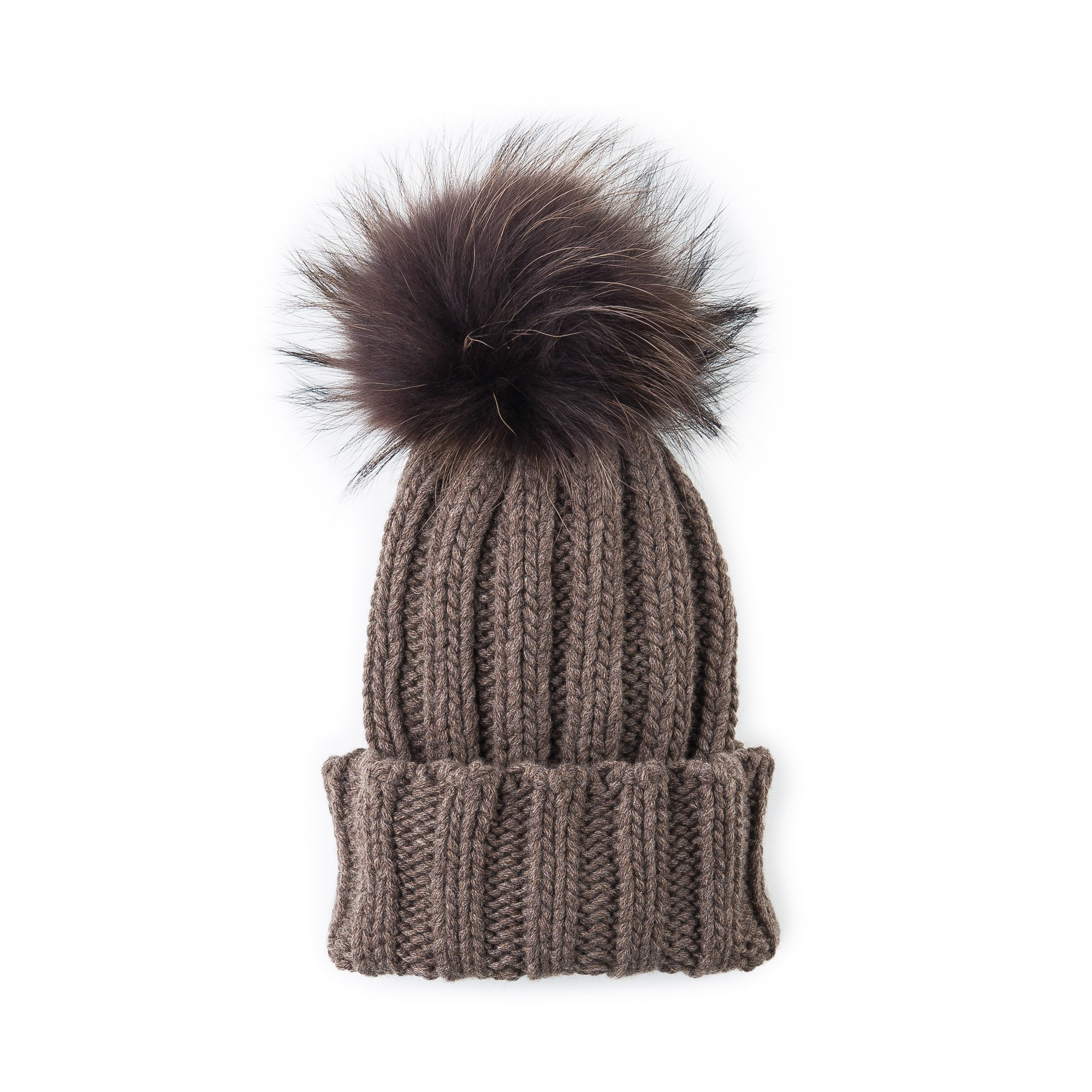 Inverni - Cashmere Ribbed Fold Hat w/ Raccoon Fur - Hazelnut